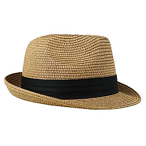 Womens-Sun-Hat Summer-Straw-Fedora Hat Foldable-Panama Beach-Sun Hat Short Brim Trilby-Hat - M-L Adjustable String Bulit-in Khaki