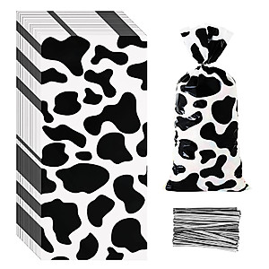 Lecferrarc 100 Pcs Cow Print Treat Bags Cow Cellophane Candy Bags Plastic Goodie Storage Bags Farm Animal Party Favor Bags with Twist Ties for Cow Theme Birthday Party Supplies