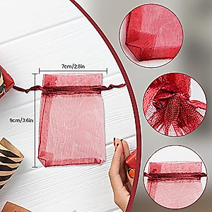 WSERE 100 Pieces Organza Gift Bags Drawstring Packing Bag Wedding Birthday Party Favors Jewelry Mesh Pouches, 3.6×2.8 inches(Burgundy)