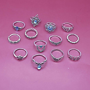 ABJFJE 13Pcs Vintage Silver Stackable Finger Rings Set Boho Midi Cool Gothic Punk Hollow Carved Flowers Turtle Heart Crystal Knuckle Rings Set for Women (13Pcs Silver ring)