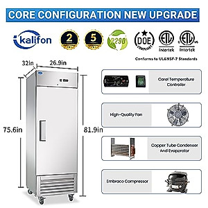 kalifon 27" W Commercial Refrigerator 1 Solid Door, 23 Cu.ft Reach-in Stainless Steel Refrigerator, Upright Fan Cooling for Restaurant, Bar, Home, Shop (Equip 4 Shelves) Warehouse Shipments