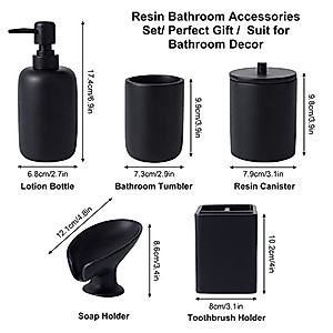 Resin Matte Black Bathroom Accessory Set of 5, Lotion Soap Dispenser, Bathroom Organizer Accessories, Toothbrush Holder, Self Draining Soap Hoder and Bathroom Tumbler for Modern Home Decor