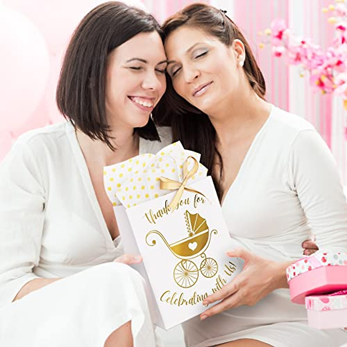 12 Pack Baby Shower Gifts Bag with Tissue Paper and Ribbons - Gold Baby Shower Gifts Bags Medium Size, Baby Gift Bags for Baby Shower, Baby Boy Gift Bag, Baby Girl Gift Bag, Gender Reveal Gift Bag Bulk (8"L x 4.5"W x 10"H, White)