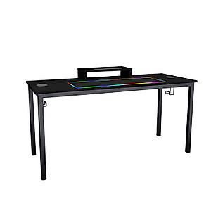 SogesHome 60 inch Desk Computer Desks Gaming Desk Long Desk Writing Table Home Office Workstation with RGB Mouse Pad, Headset Hooks and Cup Slot, Black, NSDUS-AC14CB-Pro-E1-152.4