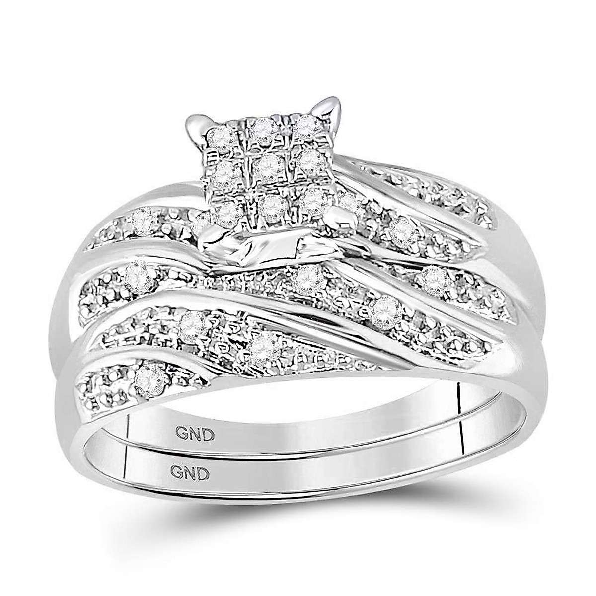 Sonia Jewels Sizes - L = 9, M = 9-10K White Gold Couple His & Hers Trio 3 Three Ring Bridal Matching Engagement Wedding Ring Band Set - Round Diamonds - Princess Shape (1/4 Cttw)