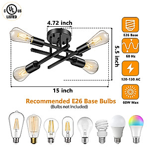 Lomoky Industrial 4-Light Semi Flush Mount Ceiling Light Fixture, Modern Black Close to Ceiling Light, Farmhouse Chandelier Ceiling Lamp for Hallway Kitchen Bedroom Living Room (2 Pack)