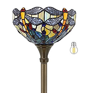 WERFACTORY Tiffany Floor Lamp Sea Blue Yellow Stained Glass Dragonfly Light 12X12X66 Inches Pole Torchiere Standing Corner Torch Uplight Decor Bedroom Living Room Home S128 Series
