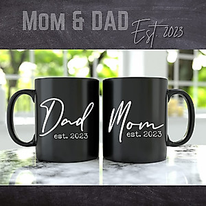 Pregnancy Gift Est 2023 - New Mommy and Daddy Est 2023 11 oz Black Mug Set with "And So The Adventure Begin" Romper (0-3 Months) - Top Mom and Dad Gift Set for New and Expecting Parents to Be