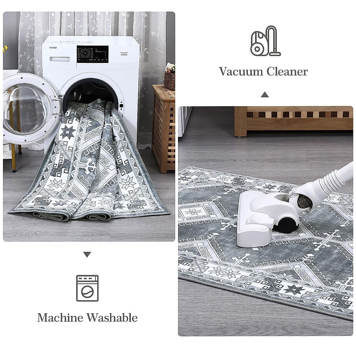 RUGSREAL Area Rug Living Room Rugs 8x10 Large Machine Washable Boho Carpets Moroccan Diamond Washable Rug Non Slip Non Shedding Low Pile Rug for Laundry Bedroom Living Room, Grey