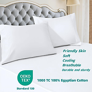 1000 Thread Count 100% Egyptian Cotton Pillowcases for Sleeping,Satin Pattern White, Envelope Closure Pillowcase Silk Soft Bed Pillow Cover(2 Pcs Standard 20"x26", White)…