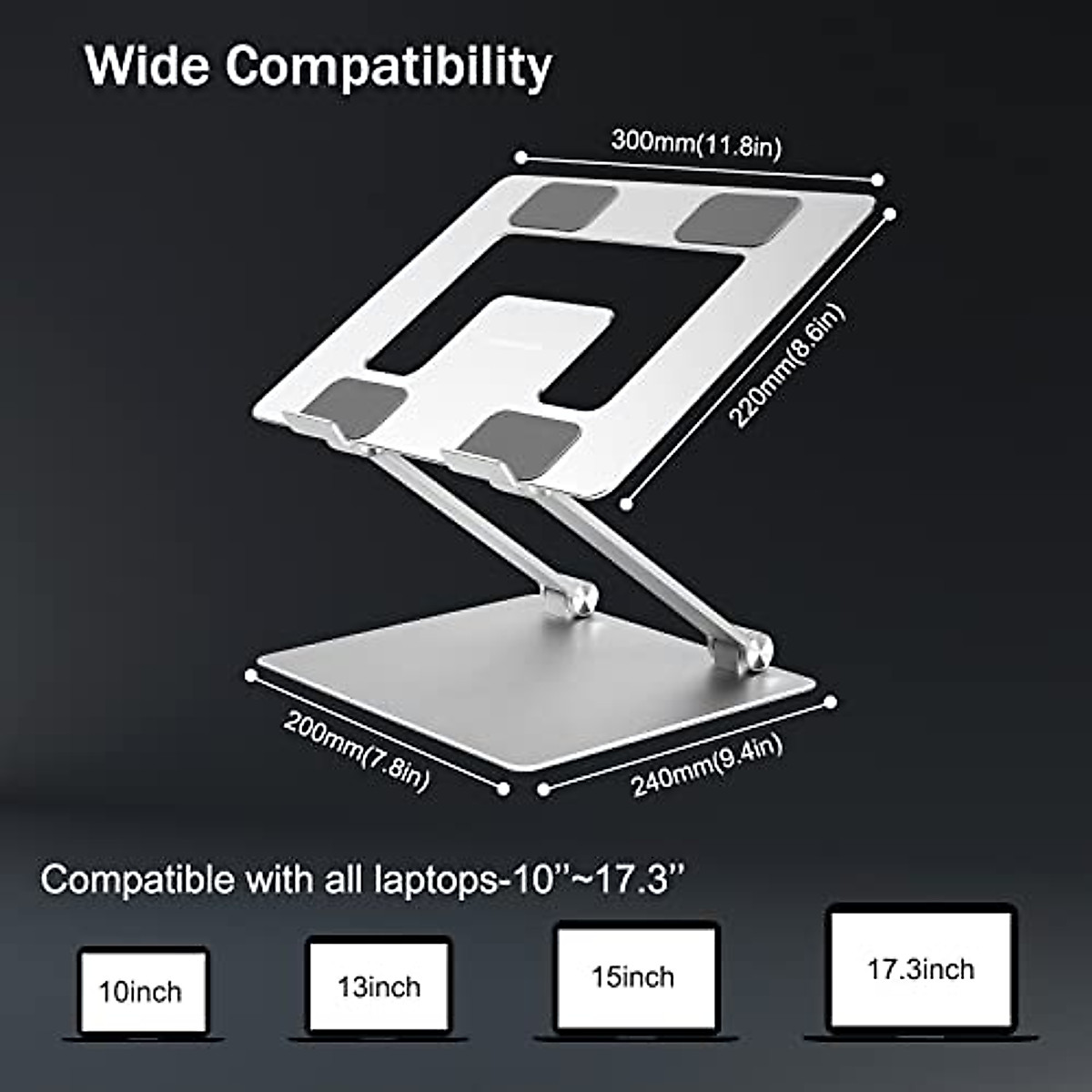 Adjustable Laptop Stand, Portable Laptop Riser, Aluminum Laptop Stand for Desk Foldable, Ergonomic Computer Notebook Stand with Heat-Vent, Rubber Protective for MacBook Pro/Air 10-17.3” Laptops-Silver