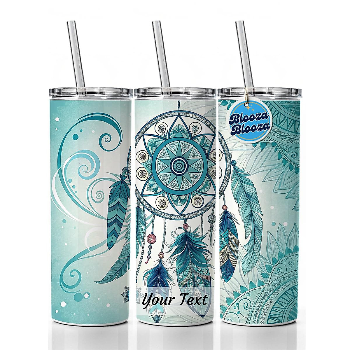 Personalized Custom Name Text Abstract Teal Blue Dream Catcher Southwestern Design Skinny Tumbler 20oz with Straw Insulated Water Bottle Gift - 1 Line Horizontal