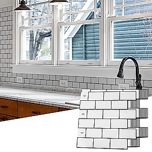 Art3d Backsplash Tile for Kitchen Peel and Stick, 10-Sheet Stick on Subway Tiles for Kitchem, Bathroom Back Splashes, 12"x12", Warm White with Black Grout