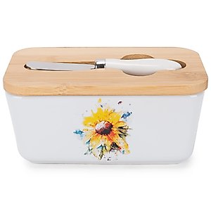Nat & Jules Dean Crouser Ceramic Stoneware 1/2 Pound, 2 Sticks Butter Dish with Airtight Bamboo Lid & Knife, Kitchen Container Holder Refrigerator Storage Countertop Organization, Watercolor Sunflower