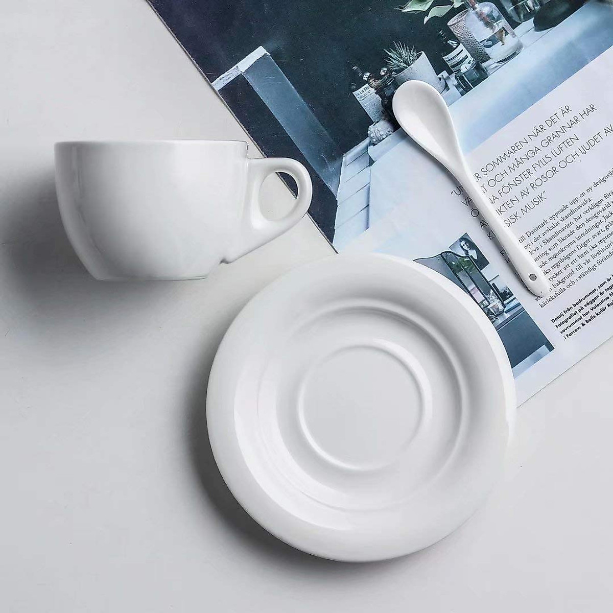 XUFENG 8oz Cappuccino Cups Set of 4 with Saucer White Porcelain for Latte, Mocha,Tea Espresso Cafe with Porcelain Spoon