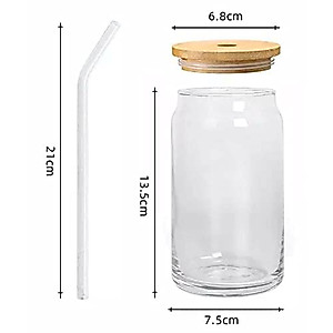 Can Shaped Drinking Glass With Bamboo Lids and Straw, 16 Oz, 4 pcs Set, Beer Can Shaped Glass Cups,Reusable Glass for Water, Wine, Juice, for Cocktail, Soda, Tea, Whiskey