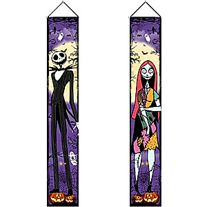 Jack Skellington Porch Sign Banner 2 Pcs 11.8×70.8" Halloween Nightmare Before Christmas Banner Halloween Party Supplies Welcome Sign Halloween Door Banner fall Decorations