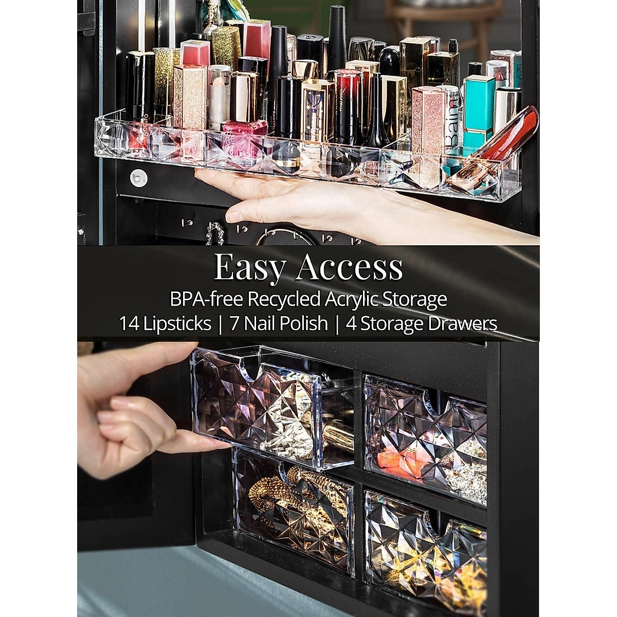 LUXFURNI LED Lights Mirror Jewelry Cabinet, 47.2" Wall Mounted/Door-Hanging, Lockable Jewelry Mirror Organizer (Black)