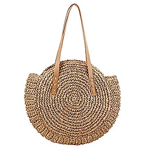 Straw Handbags Women Handwoven Round Corn Straw Bags Natural Chic Hand Large Summer Beach Tote Woven Handle Shoulder Bag (Khaki)
