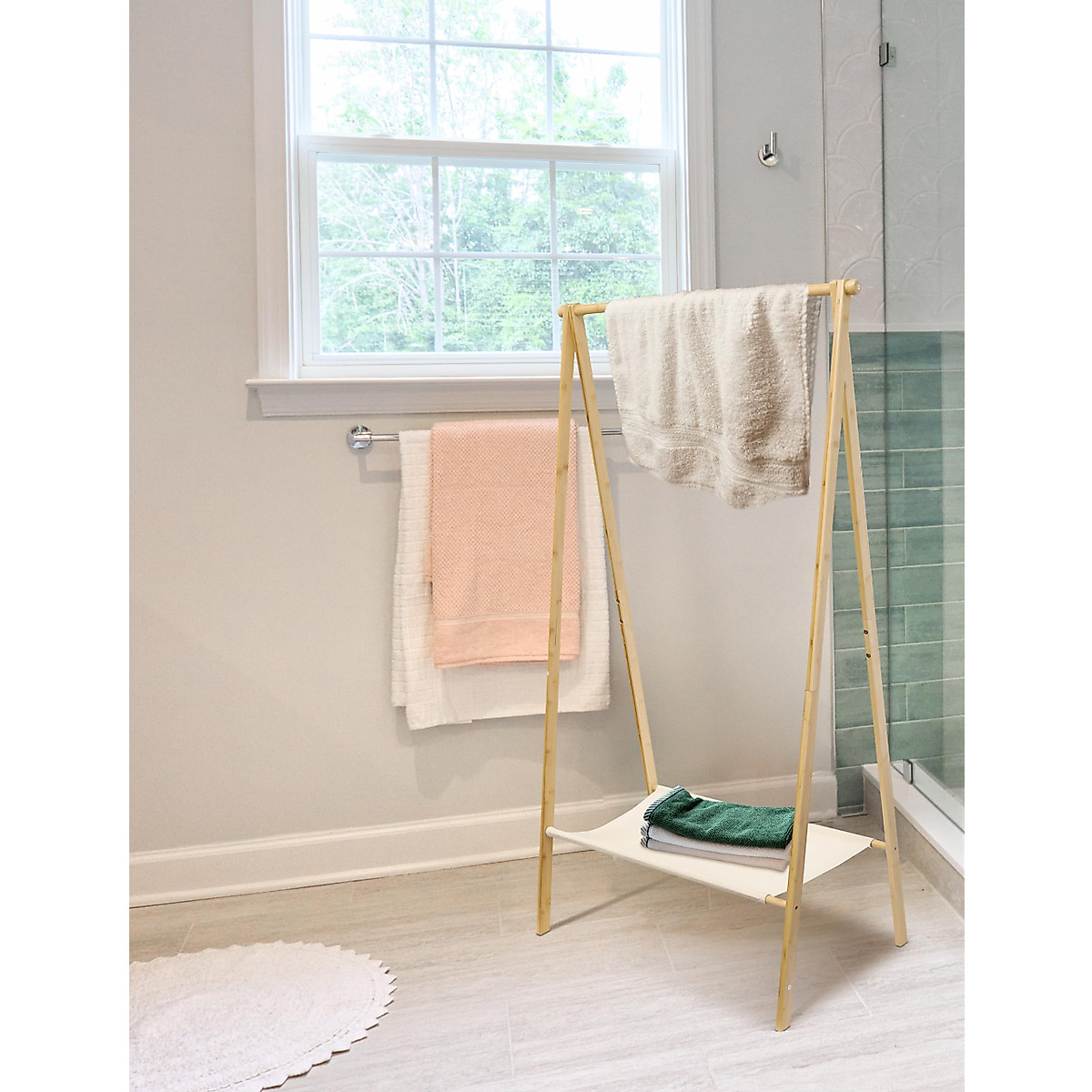 RoyalHouse Bamboo Garment Rack with Bottom Fabric Storage Shelf, Clothing Rack for Laundry, Guest Room, Bedroom, Home Organization