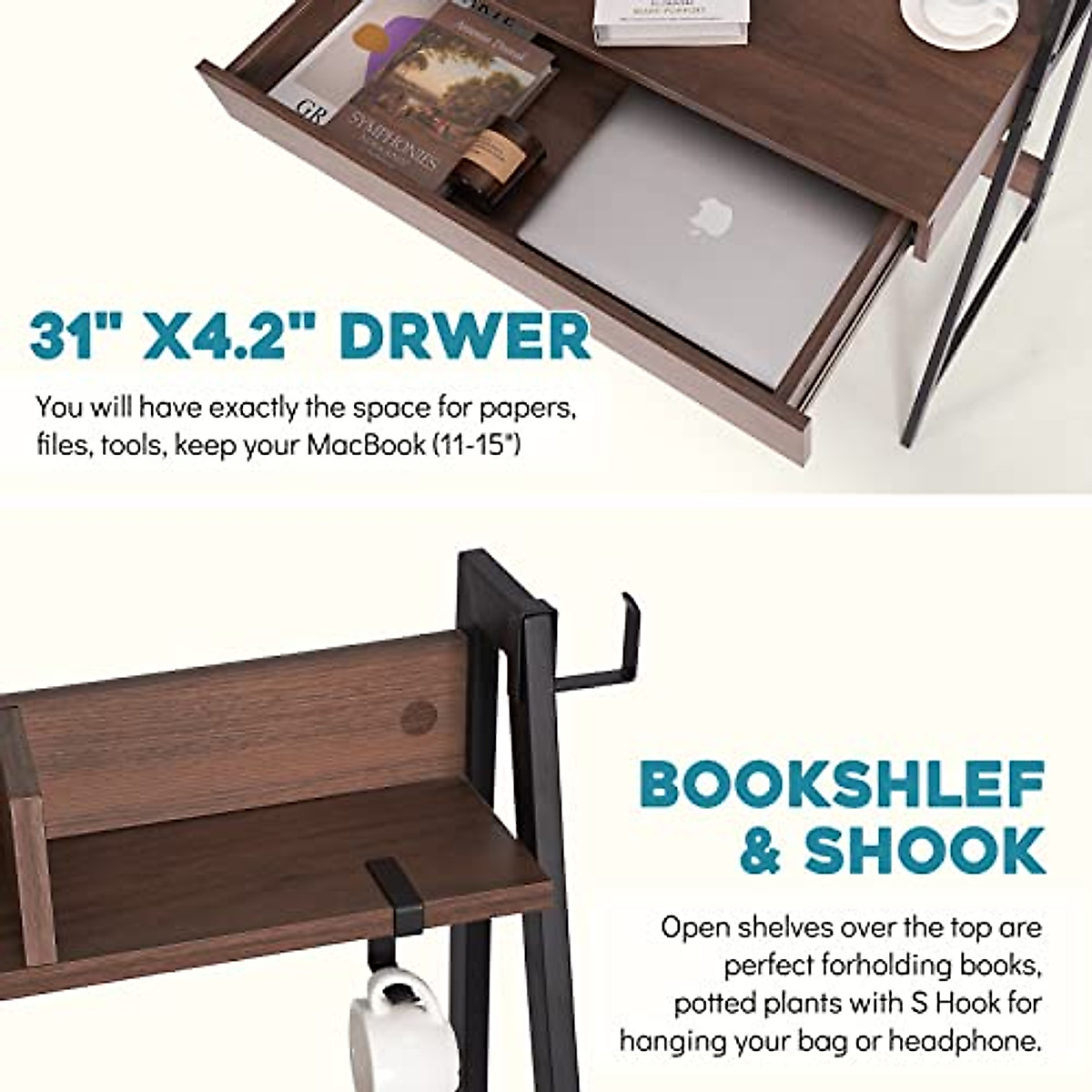 DEILALY 2 Tier Ladder Desk Computer Desk Escritorio para Computadora Desk Shelf Study Desk with Drawer Gaming Desk Study Table W31.5 PC Small Desk Metal Frame Home Office Bedroom