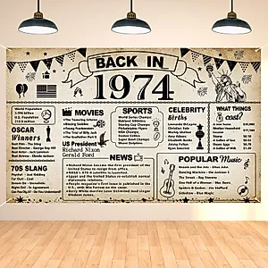 DARUNAXY 50th Birthday Party Decorations, Vintage Back in 1974 Banner 50 Year Old Birthday Party Poster Supplies Vintage 1974 Backdrop Photography Background for Men & Women 50th Class Reunion Decor