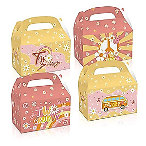 NA 12PCS Two Groovy Party Boxes Retro Hippie Boho Favors Boxes Goody Treat Daisy Rainbow Theme Girls Birthday Decorations Party Supplies for Candy Chocolate Cookies
