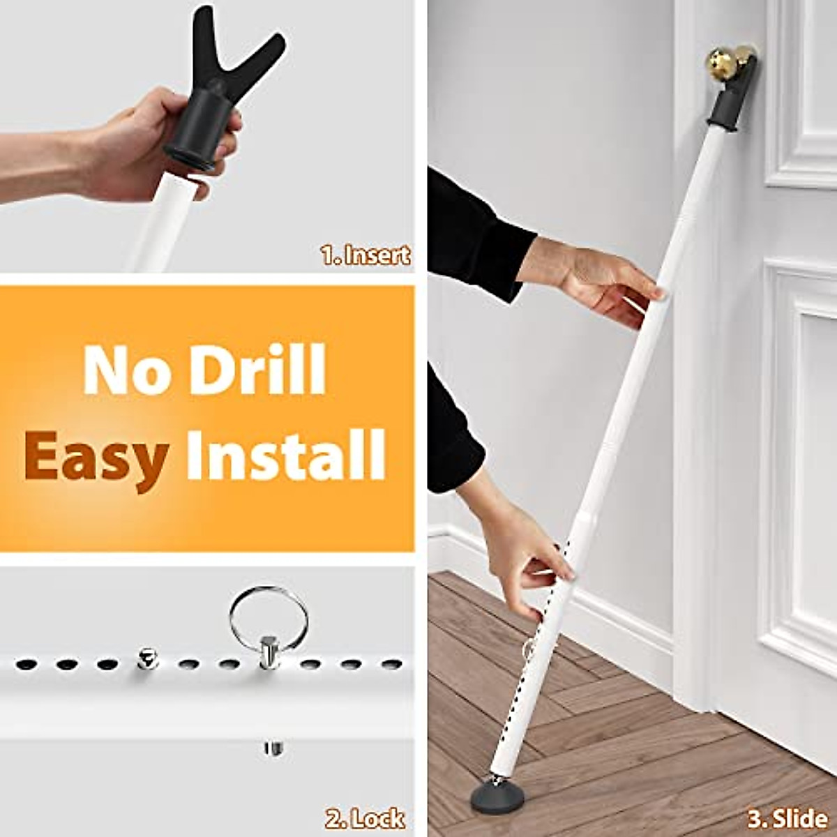 Door Security Bar, Door Stoppers Jammer Stick Bar for Safety, Adjustable Door Lock Bar for Sliding Glass Patio Door, Apartment, Home - Anti Break in Door Brace from Inside, White