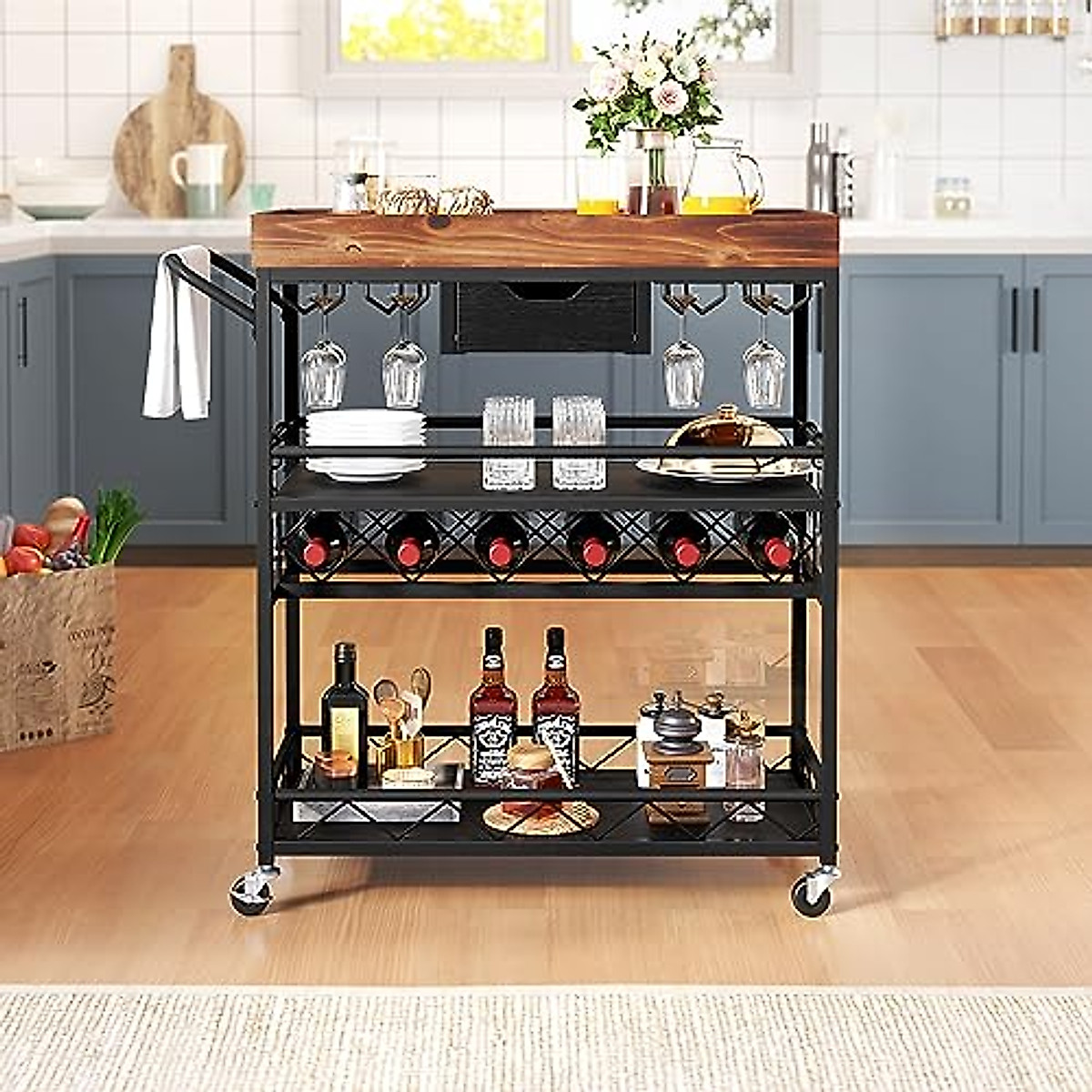YITAHOME Industrial Bar Carts for The Home, Mobile Wine Serving Bar Cart on Wheels with Removable Wood Top Tray, 3 Tier Kitchen Cart Outdoor Mini Bar Home Bar with Drawer Wine Rack Glass Holder