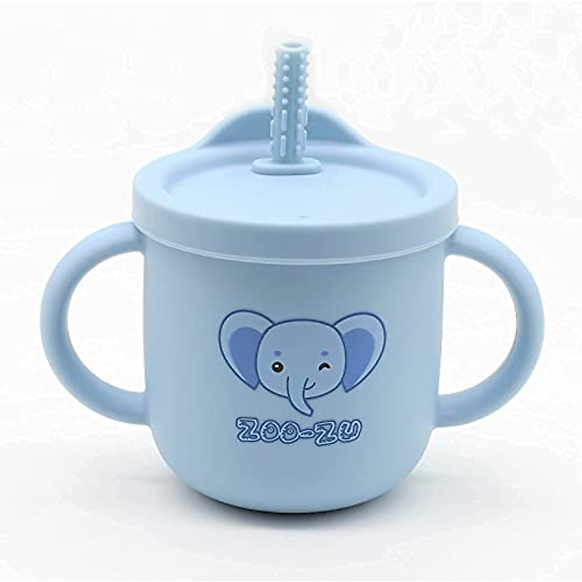 ZOO-ZU Silicone Sippy Cup for toddlers with straw & snack cup No Spill for babies BPA-FREE 9 OZ (Dusty Blue Elephant)