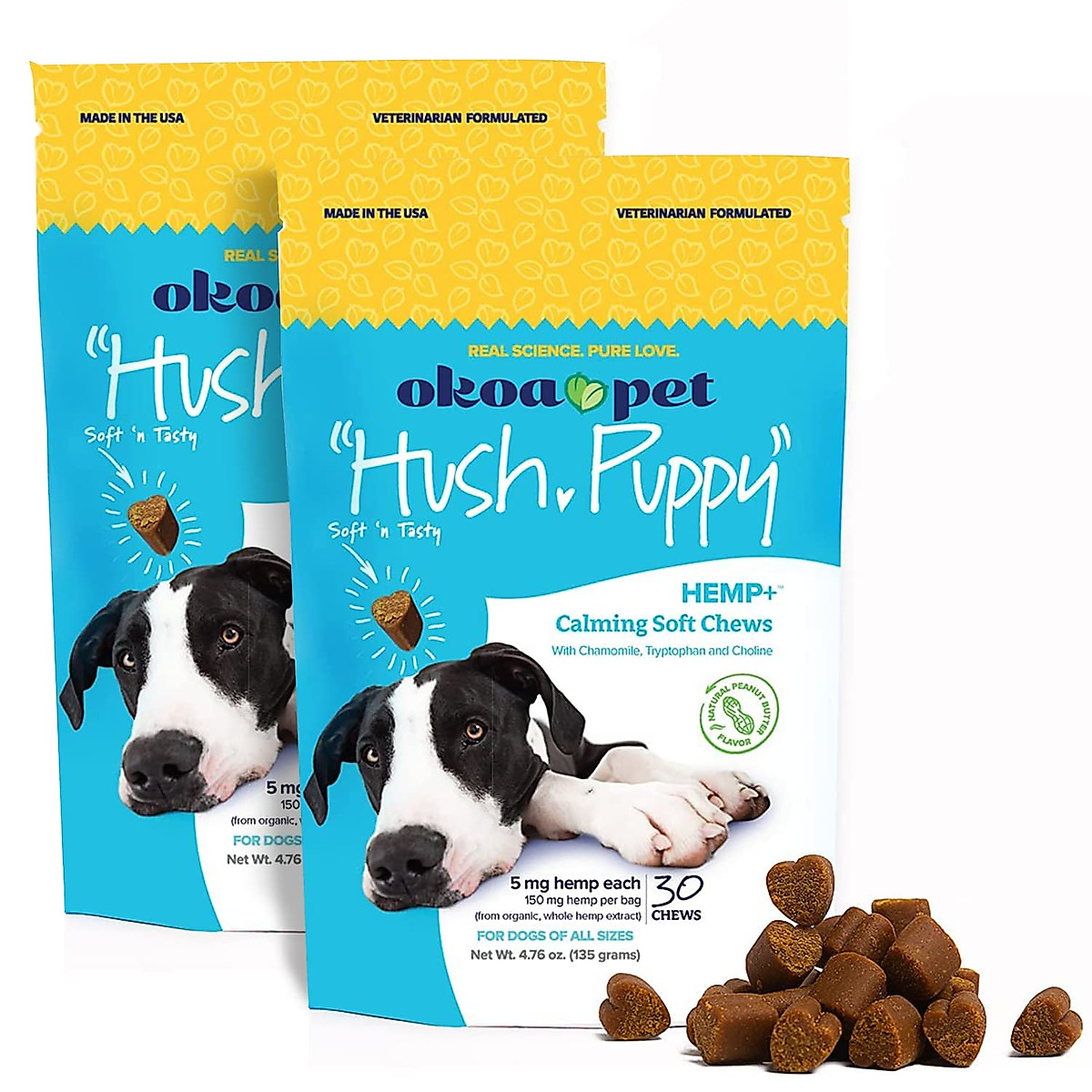 Okoa Pet "Hush Puppy Calming Dog Treats - Vet Formulated, Natural Peanut Butter Flavor Soft Chews - Anxiety Relief for Dogs with Hemp - Ideal for Separation, Travel, Fireworks - Made in USA (2 Pack)