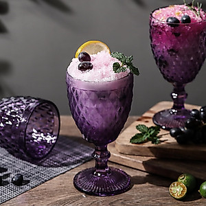1500° C TABLETOP Purple Colored Goblet Glasses 10 oz. set of 6 Water Goblets Vintage Glassware Embossed with Diamond Pattern for Iced Tea Beverage for Party and Wedding