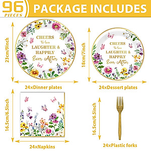 96Pcs Floral Bridal Shower Party Supplies Cheers to Love Tableware Set Wildflower Party Plates and Napkins Decorations for Engagement Bridal Shower Wedding Dinnerware Party Favors for 24 Guests