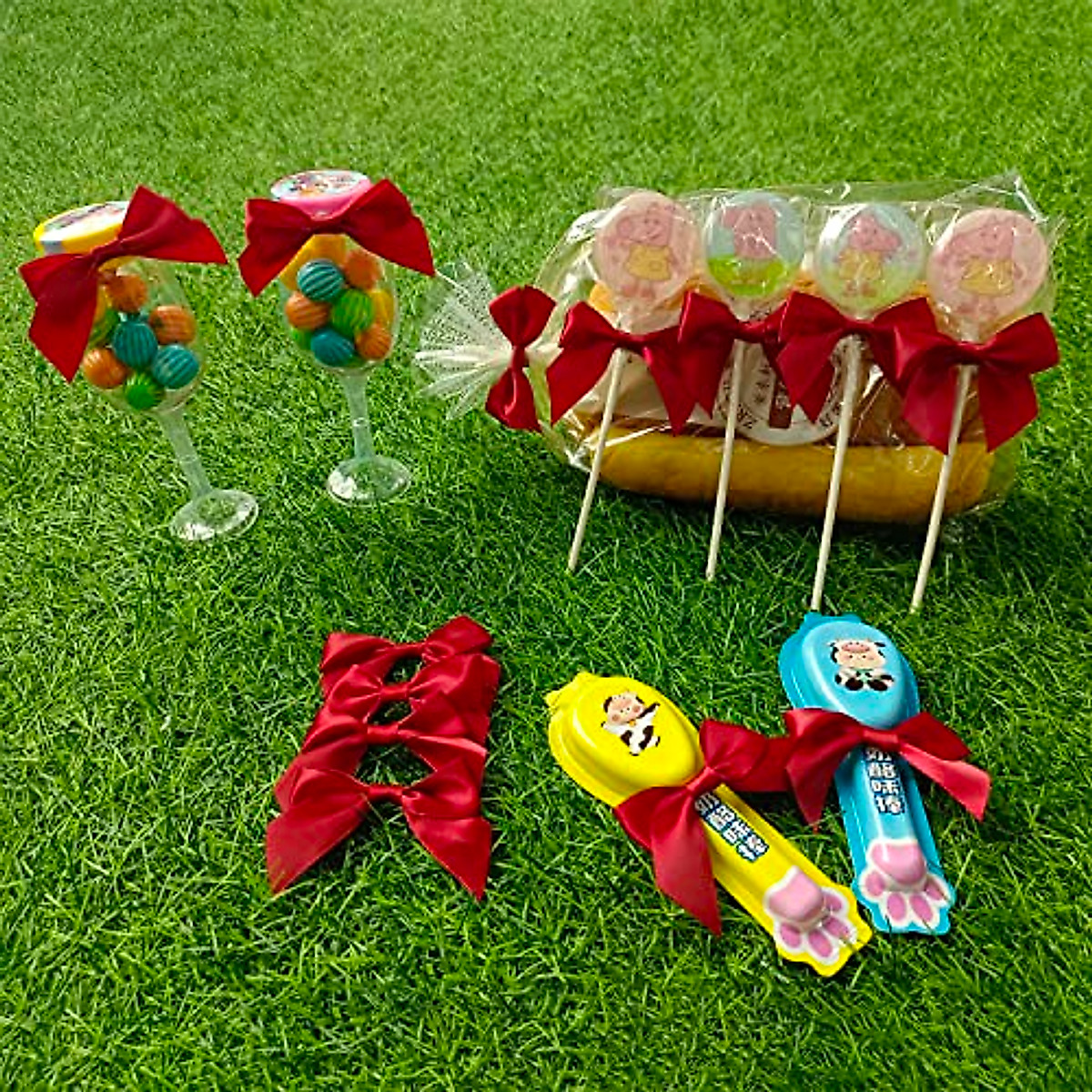 AKLVBL 25 Pack Set Satin Ribbon Bows Pretied Bows with Sticky Gel Pads for Treat Bags, Gift Bags, Bakery Candy Bags and Package Decorating or Gift Decorating (Red)