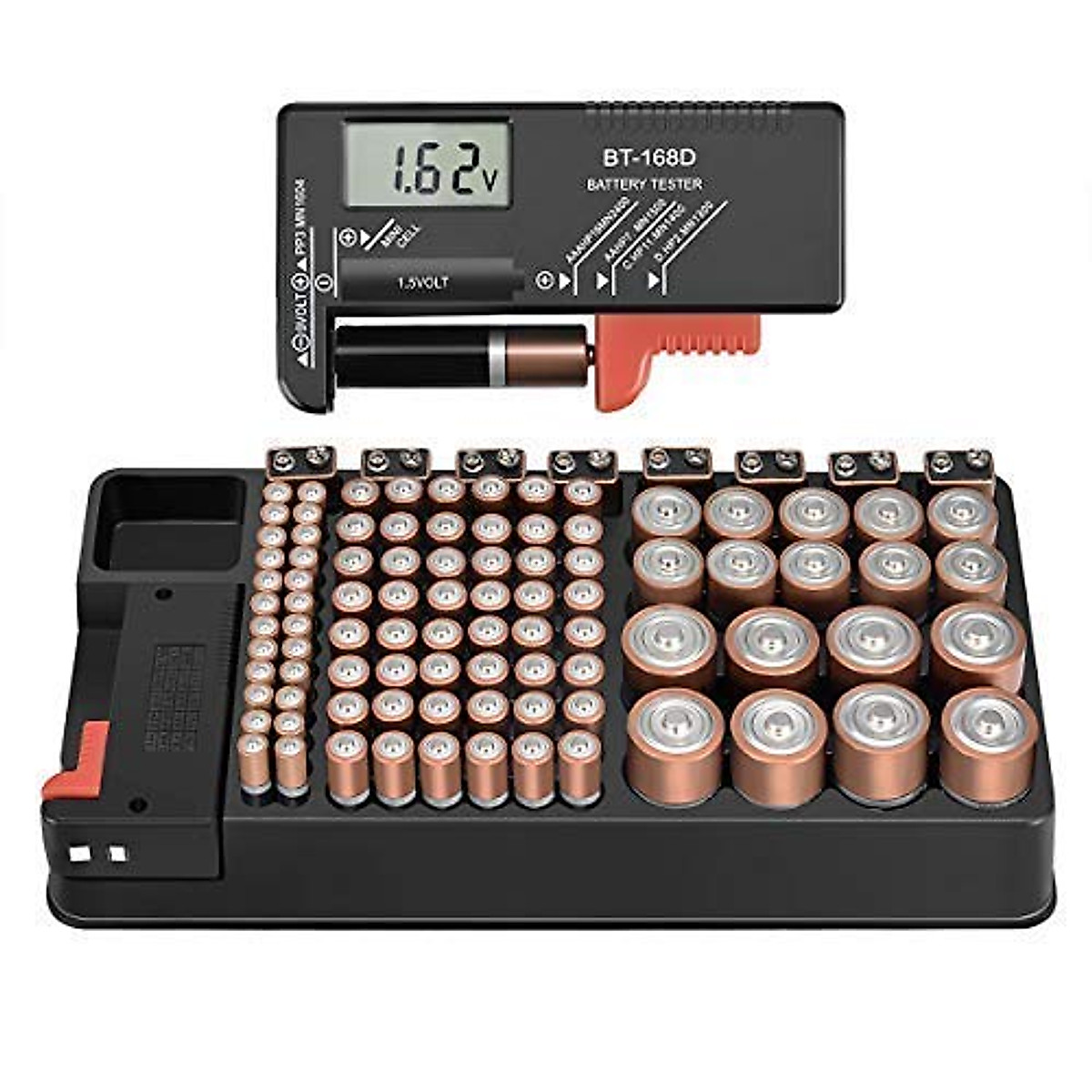 ANLIZN The Battery Storage Organizer Case and Battery Tester with No Lid, for Drawer Design, Holds 110 Batteries Various Sizes for AAA, AA, 9V, C, D and Button Battery
