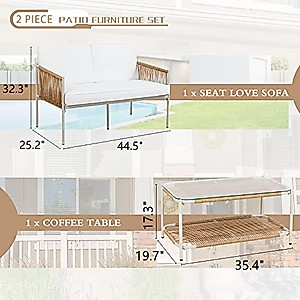 JAMFLY Patio Furniture 2 Piece Wicker Set, Outdoor Patio Furniture Rattan Conversation Set, All Weather Patio Set Loveseat Sofa for Backyard, Balcony, Porch with Soft Cushions and Glass Table