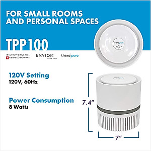 ENVION Therapure TPP100 Triple Action HEPA Type UV-C Air Purifier with 2 Fan Speeds for Small Spaces up to 25 Square Feet, White
