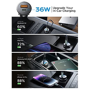 Car Charger USB C 54W Car Charger Adapter [Mini&Metal] AINOPE Cigarette Lighter USB Charger PD36W&QC3.0 Car Phone Charger Fast Charging for iPhone 14 Pro Max 13 12 Samsung Galaxy S23/22 Google Pixel