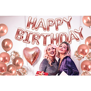 PartyForever Rose Gold Happy Birthday Balloons 16inch Letters Banner for 21st, 30th, 40th, 50th or 60th Birthday Birthday Party Decorations and Supplies for Girls and Women