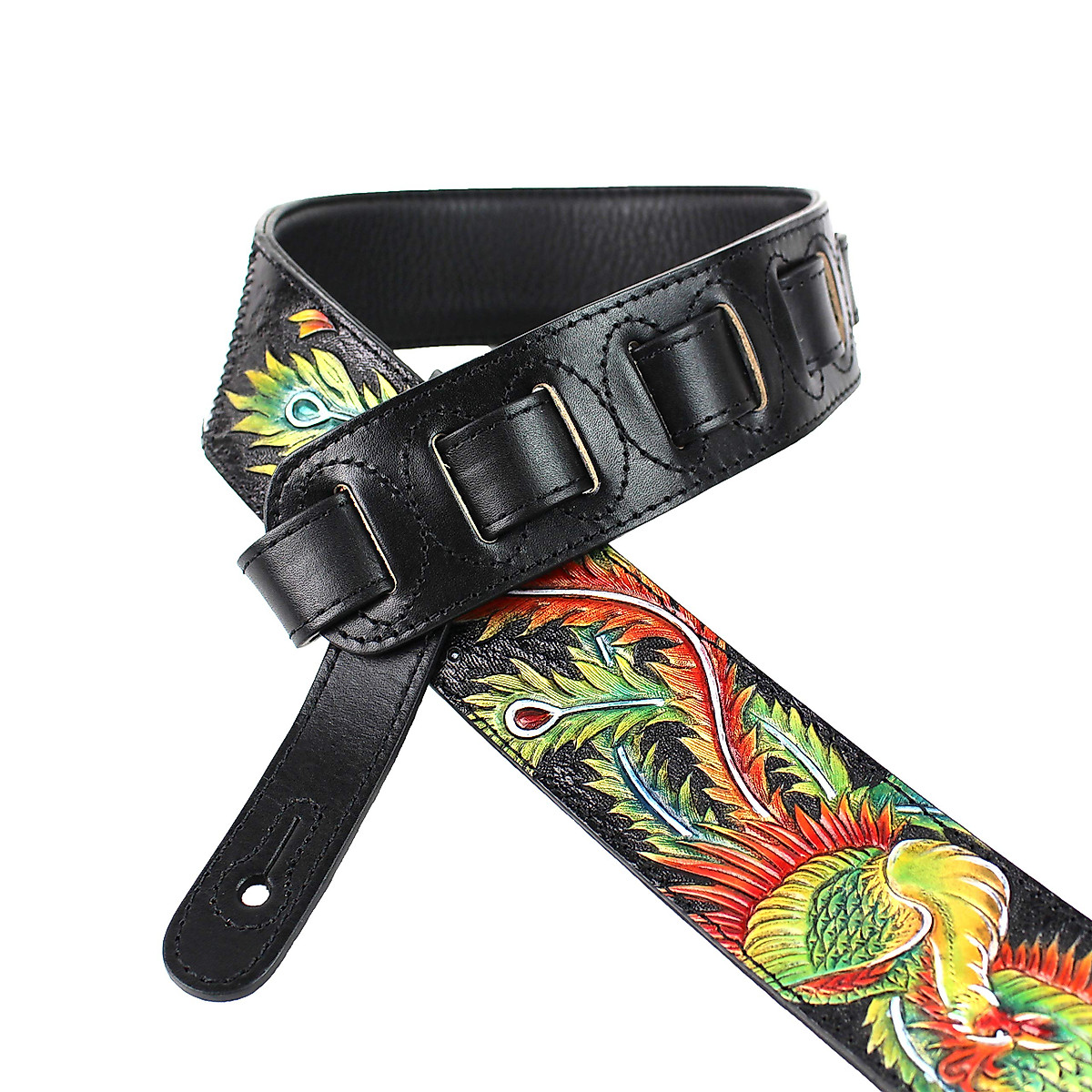 Walker And Williams KB-31 Skinny Series 2" Wide Flat Black Premium Grain Leather Padded Guitar Strap With Hand Tooled Red And Gold Phoenix Design