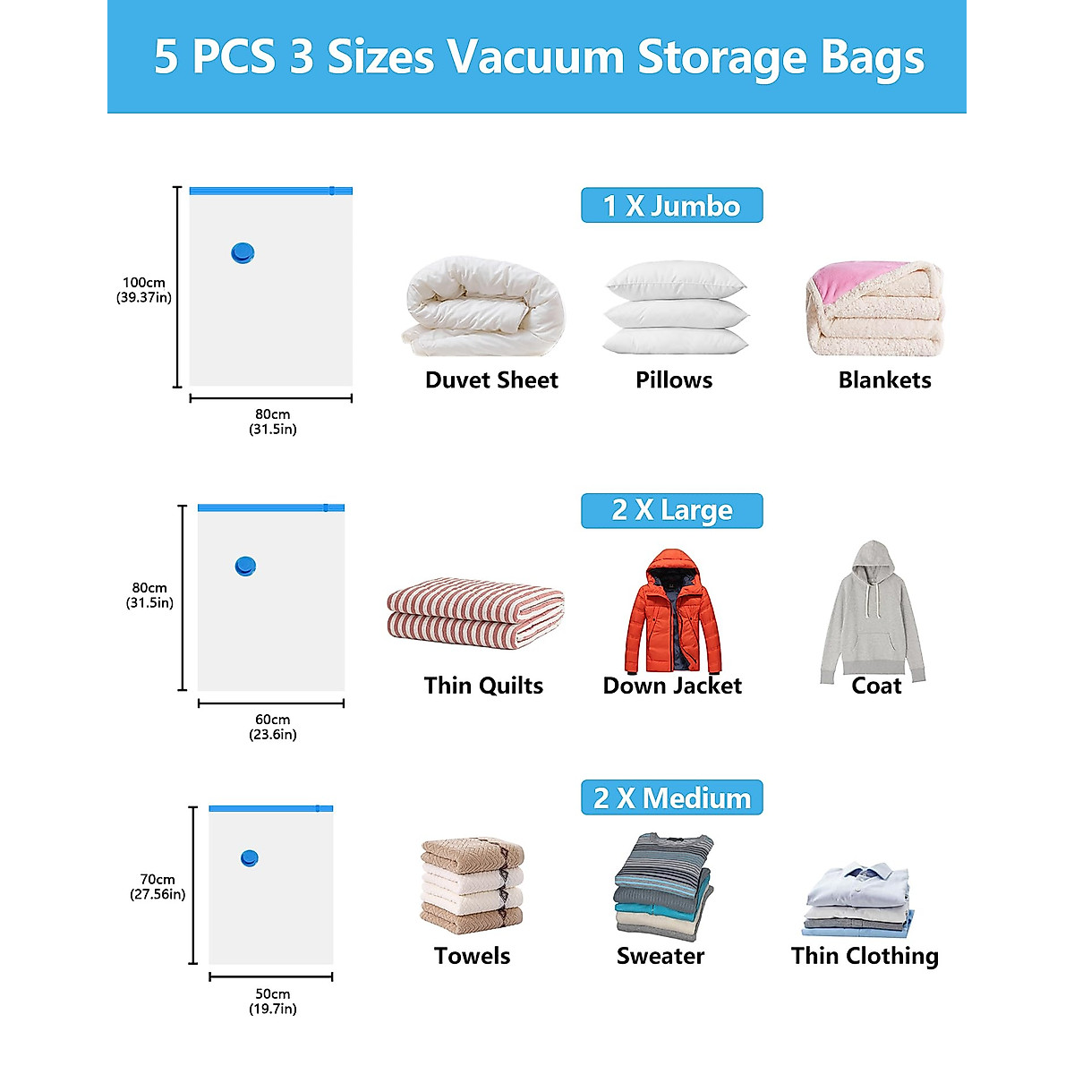 ACAETYT 5 Pack Vacuum Storage Bags, Space Saver Bags (1 Jumbo/2 Large/2 Medium) Compression Storage Bags for Clothes, Vacuum Sealed Bags (Electric Pump Not Included)