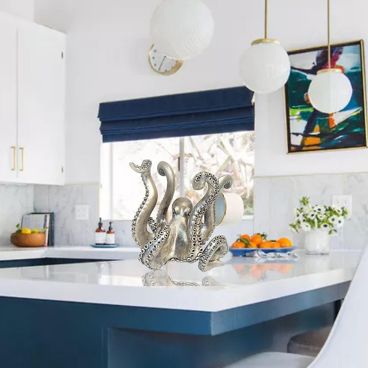 Vintage Style Octopus Coffee Mug Tea Cup Holder in Silver Tone Kitchen Dining Coffee Bar Statue Accessory