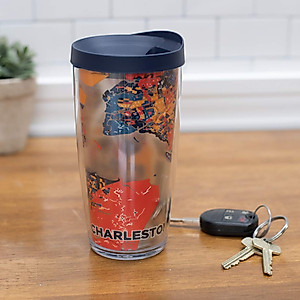 Signature Tumblers Charleston, SC Grid Map Wrap on Clear 16 Ounce Double-Walled Travel Tumbler Mug with Navy Blue Easy Sip Lid
