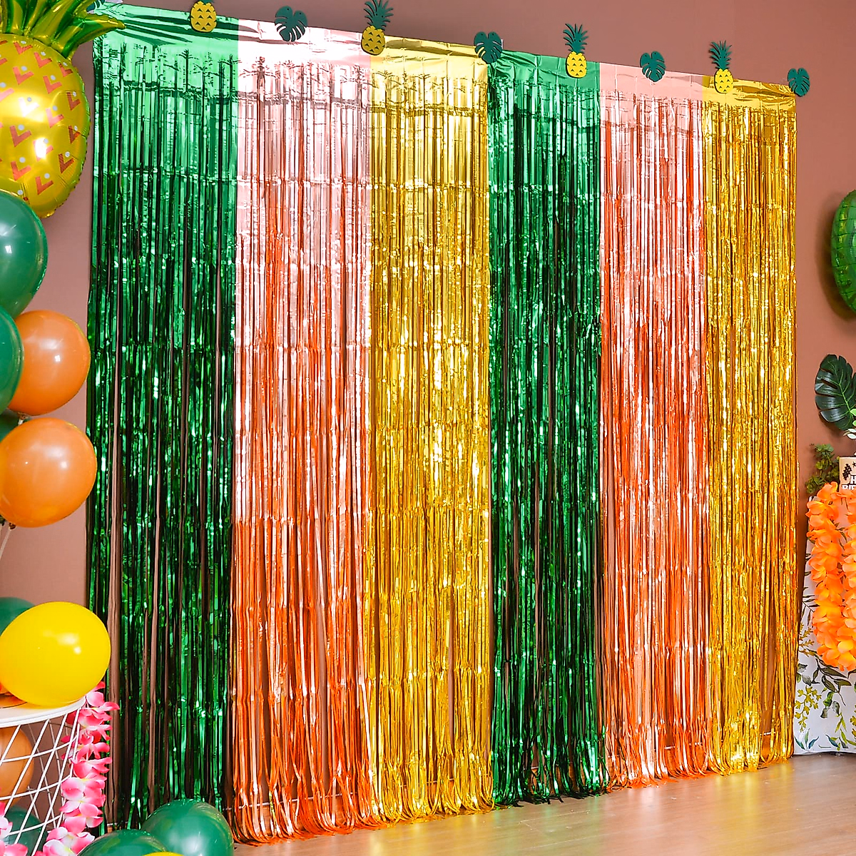 LOLStar Hawaiian Luau Party Decorations, 2 Packs of 3.3x6.6 ft Green Brown and Yellow Foil Fringe Curtains Tinsel Photo Booth Props, Streamer Backdrop for Hawaiian Tropical Party Decorations