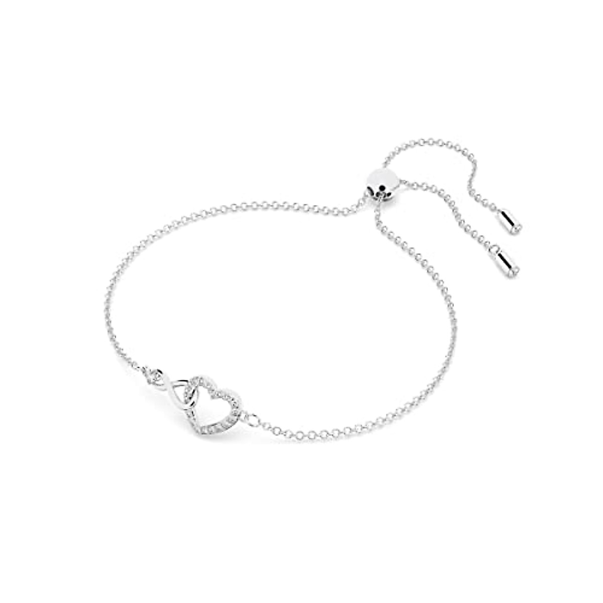Swarovski Infinity Heart Bracelet with White Crystals, Infinity Symbol and Heart Intertwined on a Rhodium Plated Adjustable Chain