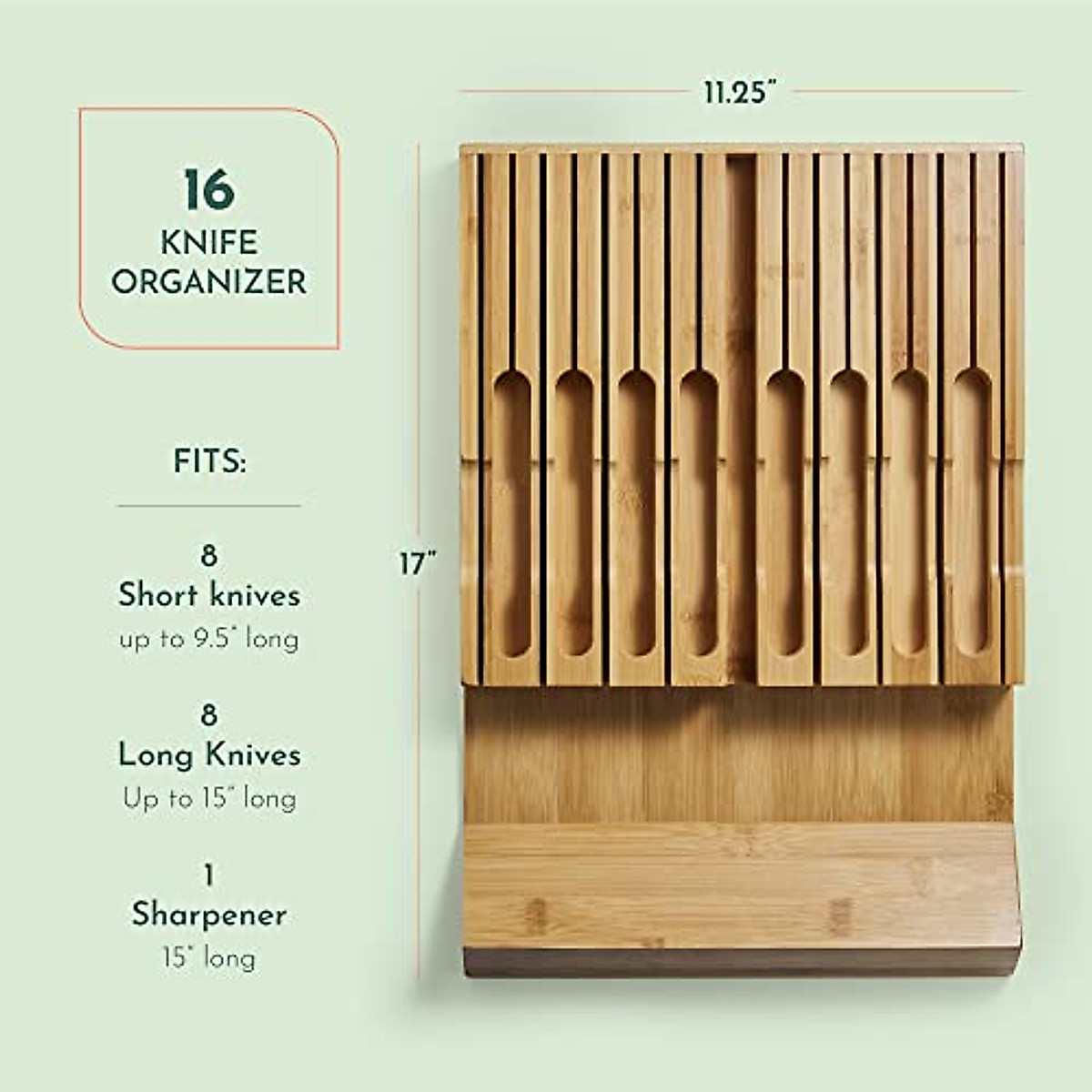 High-Grade 100% Bamboo Knife Drawer Organizer - 16 Knife Slots Plus a Sharpener Slot, Knife Organizer for Kitchen Organization, Durable, Secured, Practical, Eco-Friendly, Knife Block without Knives.