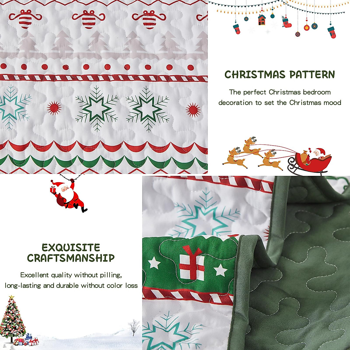 Christmas Quilt Set Queen, 3 Pieces Christmas Bedding Coverlet Queen Size, Green Bedspread with Xmas Tree Pattern New Year Bedroom Decoration for Family Friends