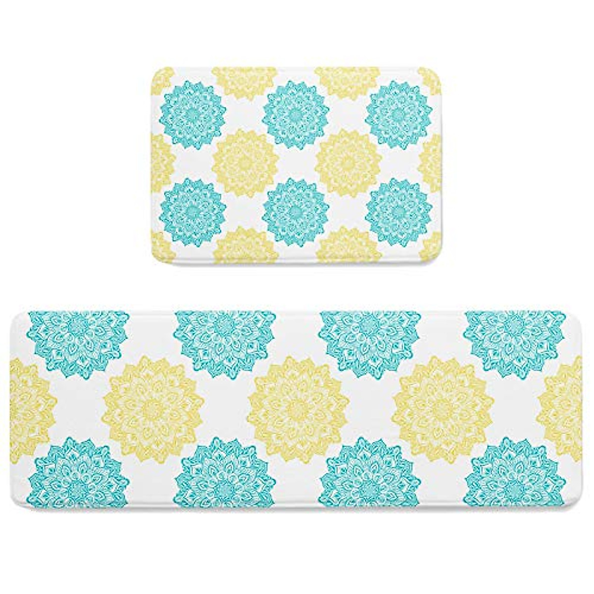 CyCoShower Kitchen Mat Kitchen Floor Mat, Cushioned Anti-Fatigue Kitchen Rug,Mandala Pattern Aqua Yellow Texture 2 PCS Kitchen Rugs Non-Slip Standing Rug Set Comfort Floor Mats