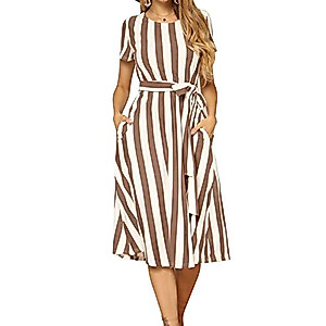 Womens Casual Short Sleeve Loose Swing Pockets Midi A Line Dress Coffee M
