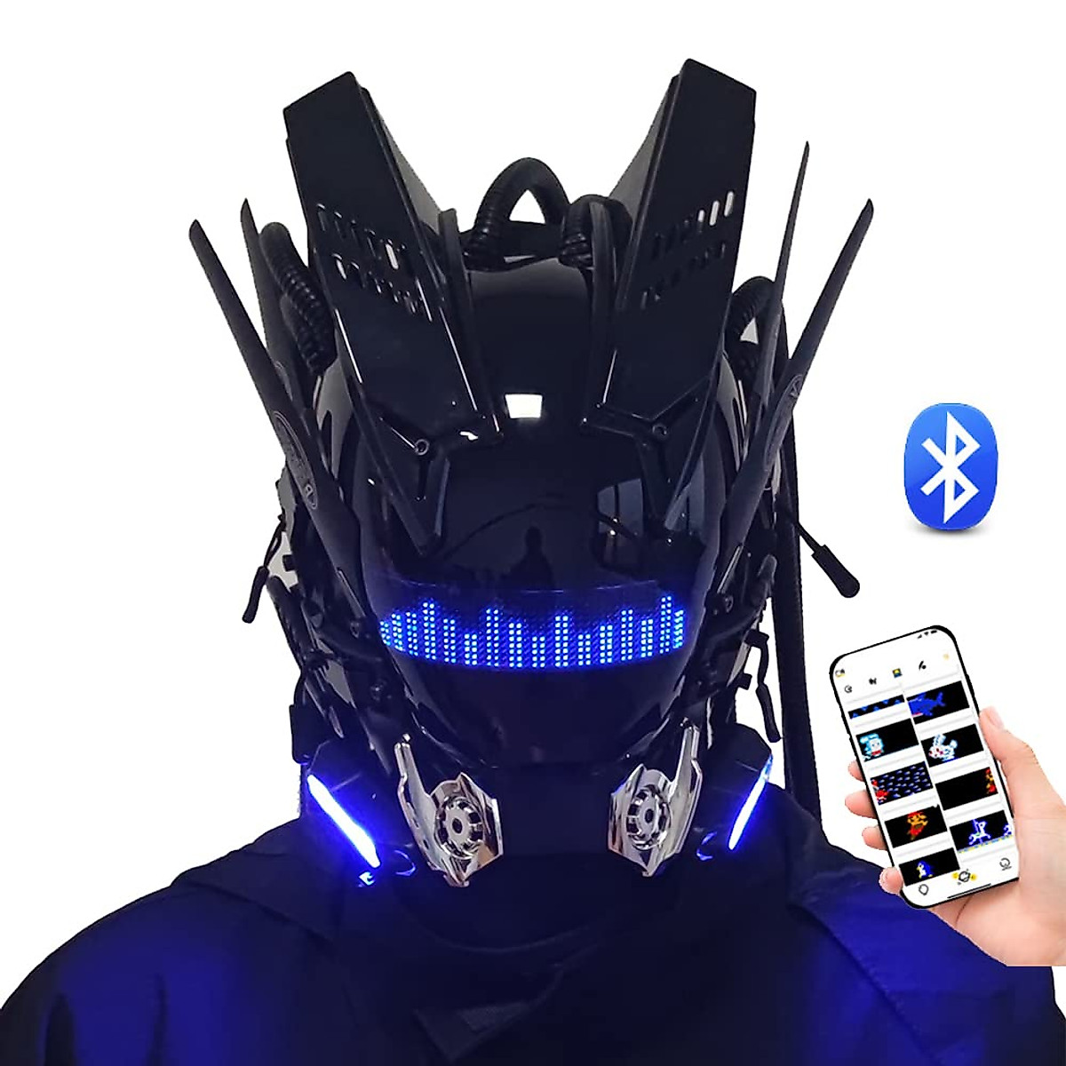 KYEDAY Punk Mask Cosplay for Men,Bluetooth APP Techwear mask, Halloween Cosplay Costume Accessory with LED Lamp, Futuristic Mask